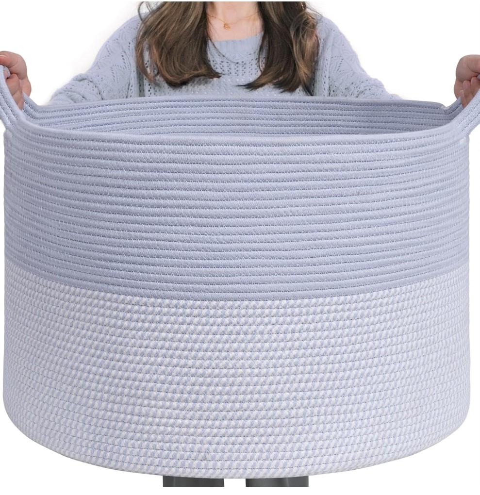 Cotton 16x14 Inch Pack of 1 Storage Basket For Clothes (Gray- Gray White)