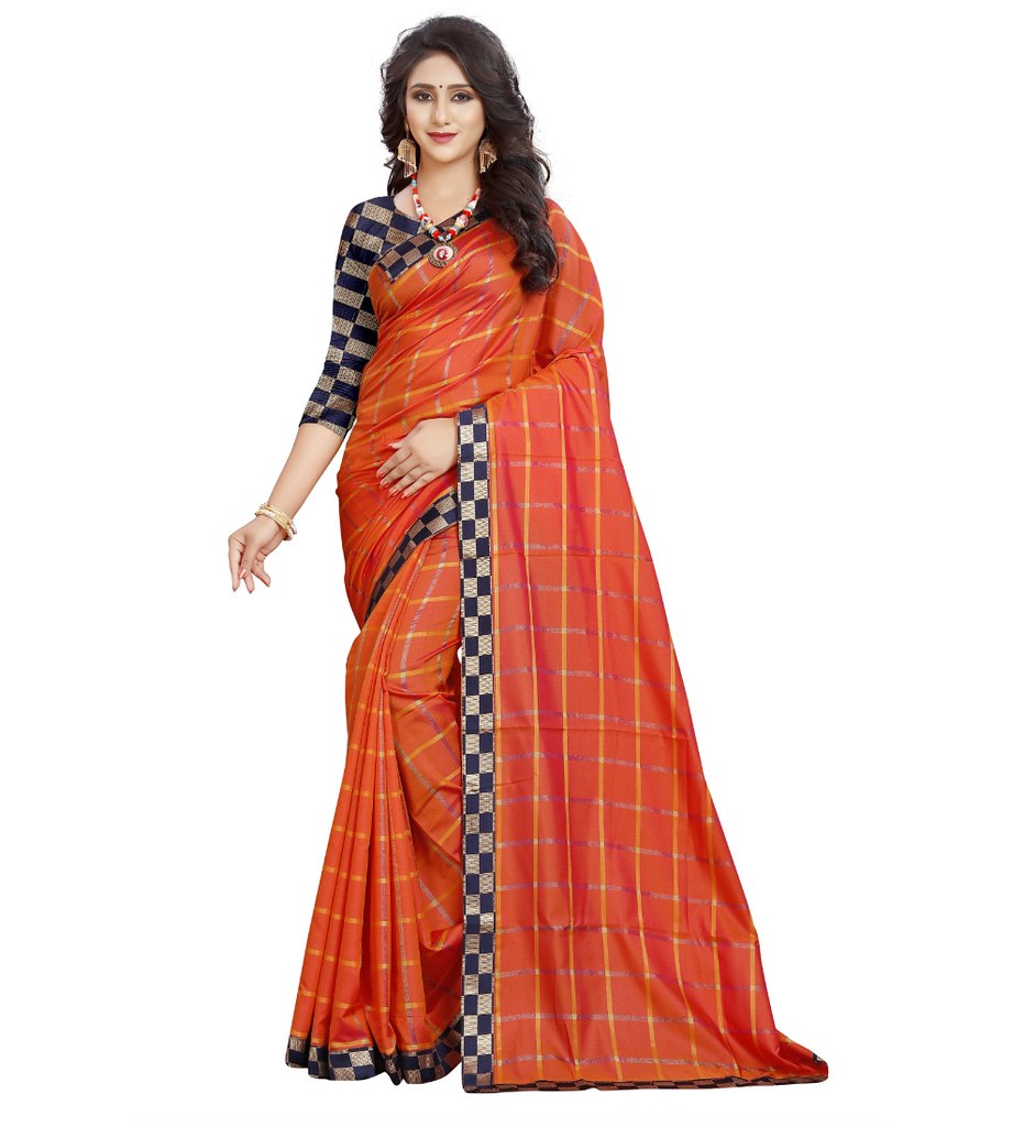 Women's Cotton Silk Checkered Saree With Unstitched Blouse 5.5Mtr (Orange)