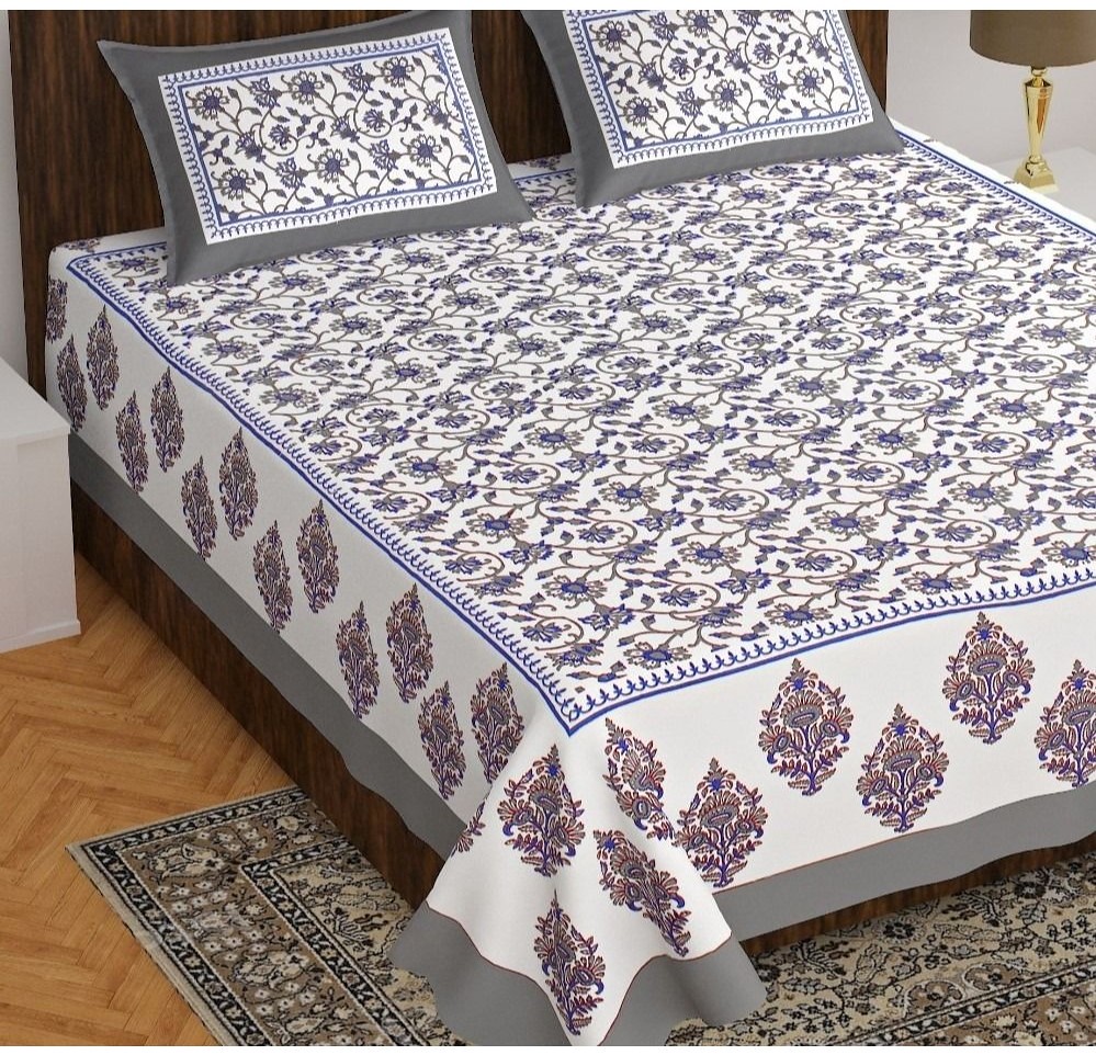 Cotton Printed Queen Size Bedsheet With 2 Pillow Covers (White, 90x100 ...