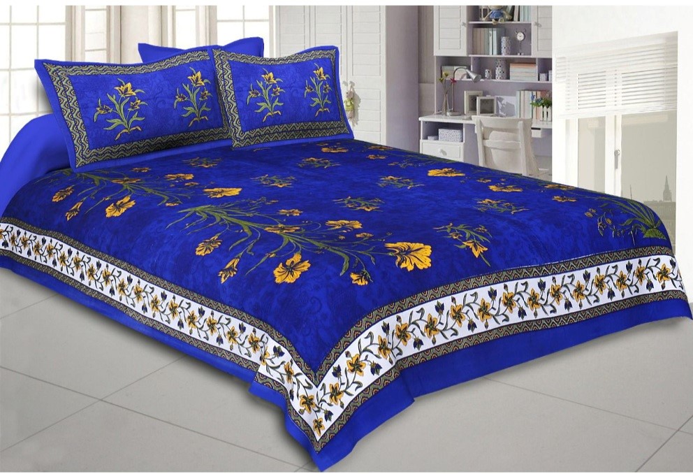 Cotton Printed Queen Size Bedsheet With 2 Pillow Covers (Blue, 90x100 Inch)